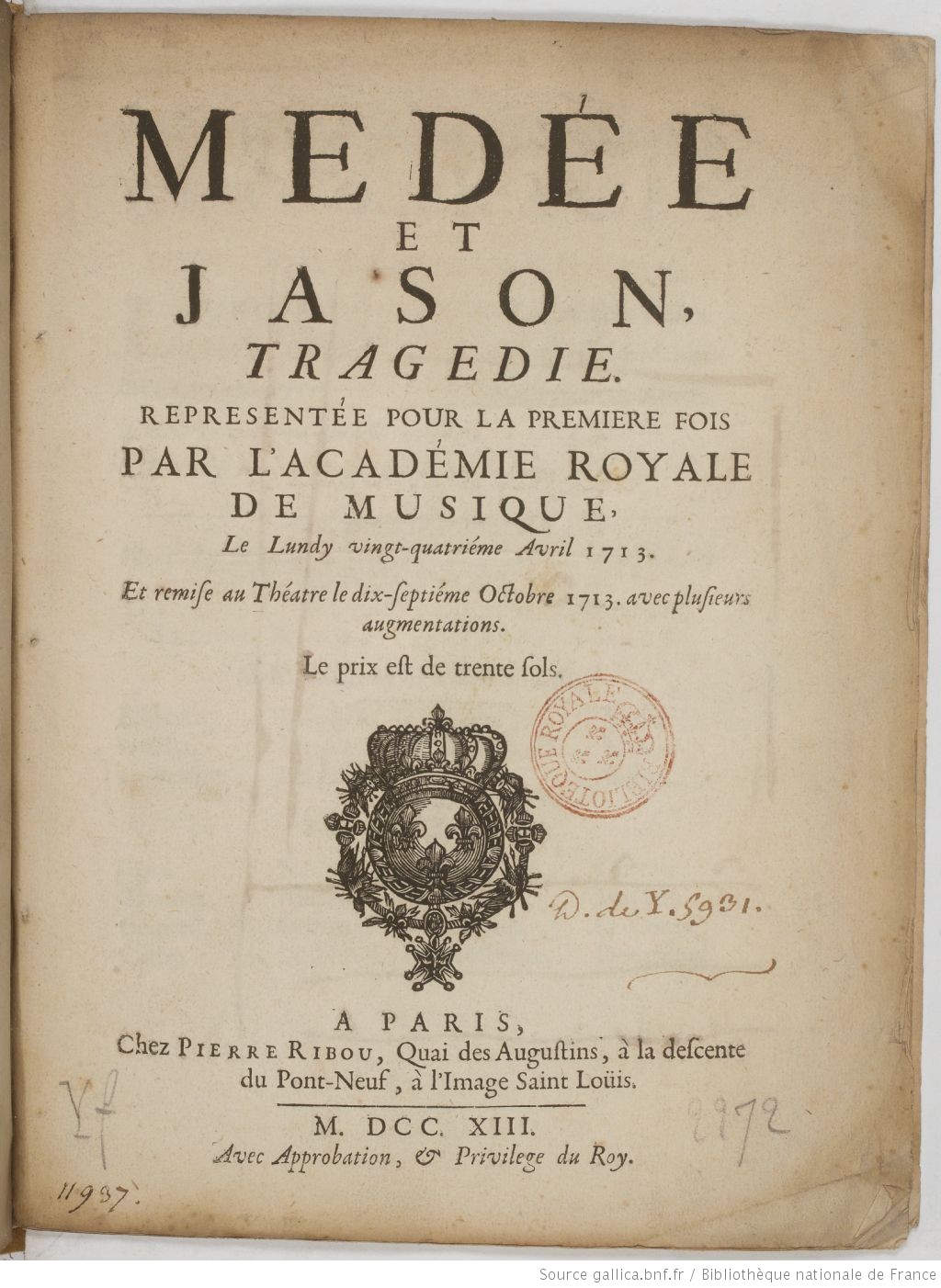 Catalogue Rouge - Medée et Jason , tragedie. Representée pour la ...
