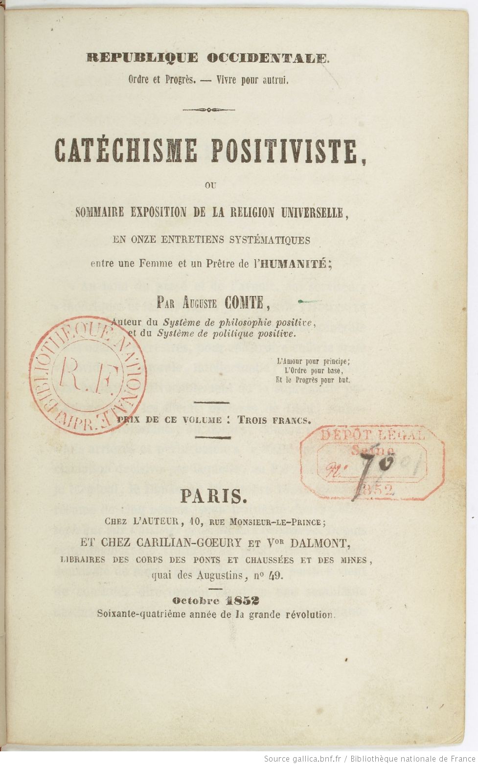 Catalogue Rouge - Catéchisme positiviste, ou Sommaire Exposition de la religion universelle, en ...