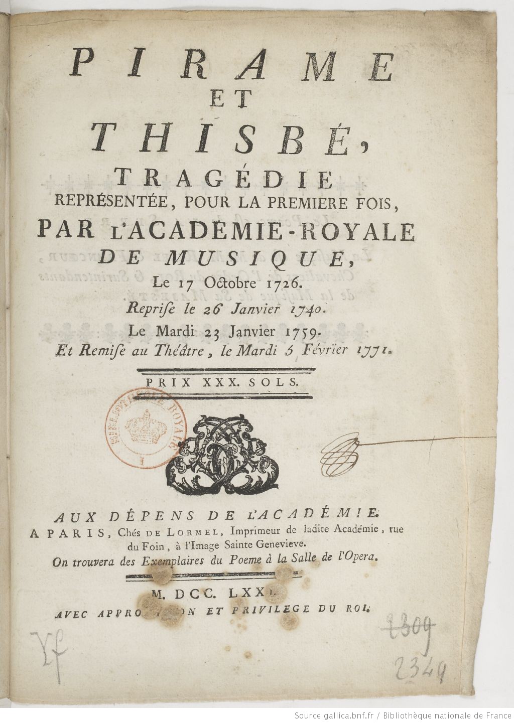 Catalogue Rouge - Pirame et Thisbé, tragédie représentée, pour la ...